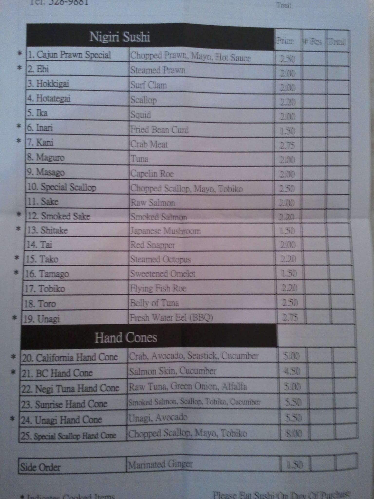 Menu at Sushi Miso restaurant, Medicine Hat