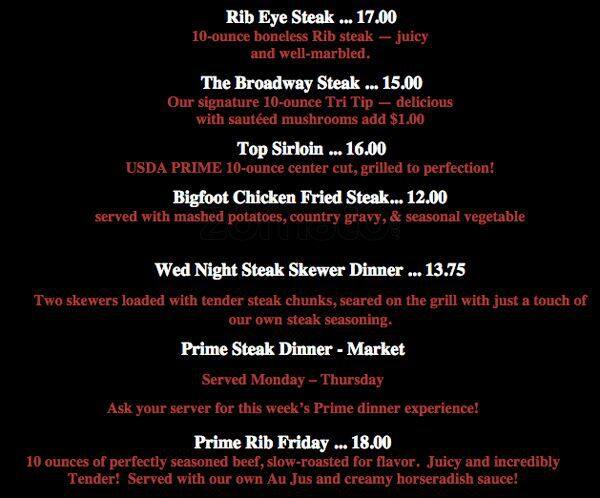 Menu at Broadway Saloon pub & bar, Beaverton, SW Broadway St