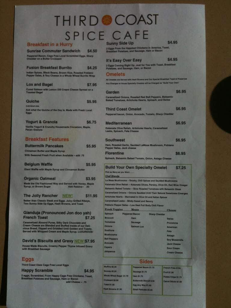 Menu at Third Coast Spice Cafe, Chesterton