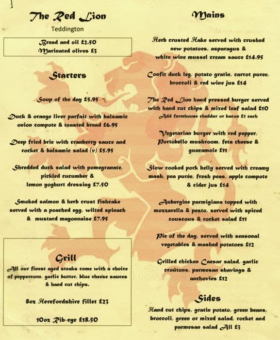 Menu at The Red Lion pub & bar, Teddington, 164 Stanley Rd