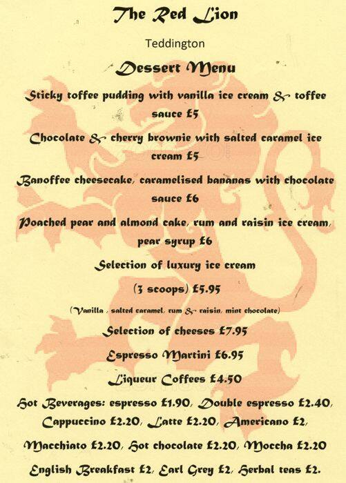 Menu at The Red Lion pub & bar, Teddington, 164 Stanley Rd