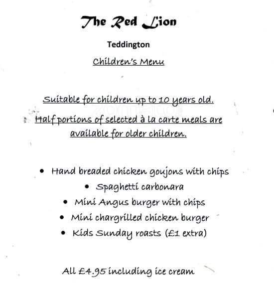 Menu at The Red Lion pub & bar, Teddington, 164 Stanley Rd