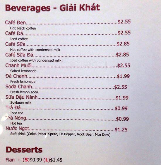 Menu at Pho Hy Vietnamese Noodle House, Houston