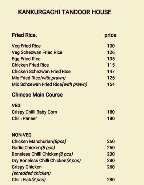 Menu of Kankurgachi Tandoor House, Kankurgachi, Kolkata