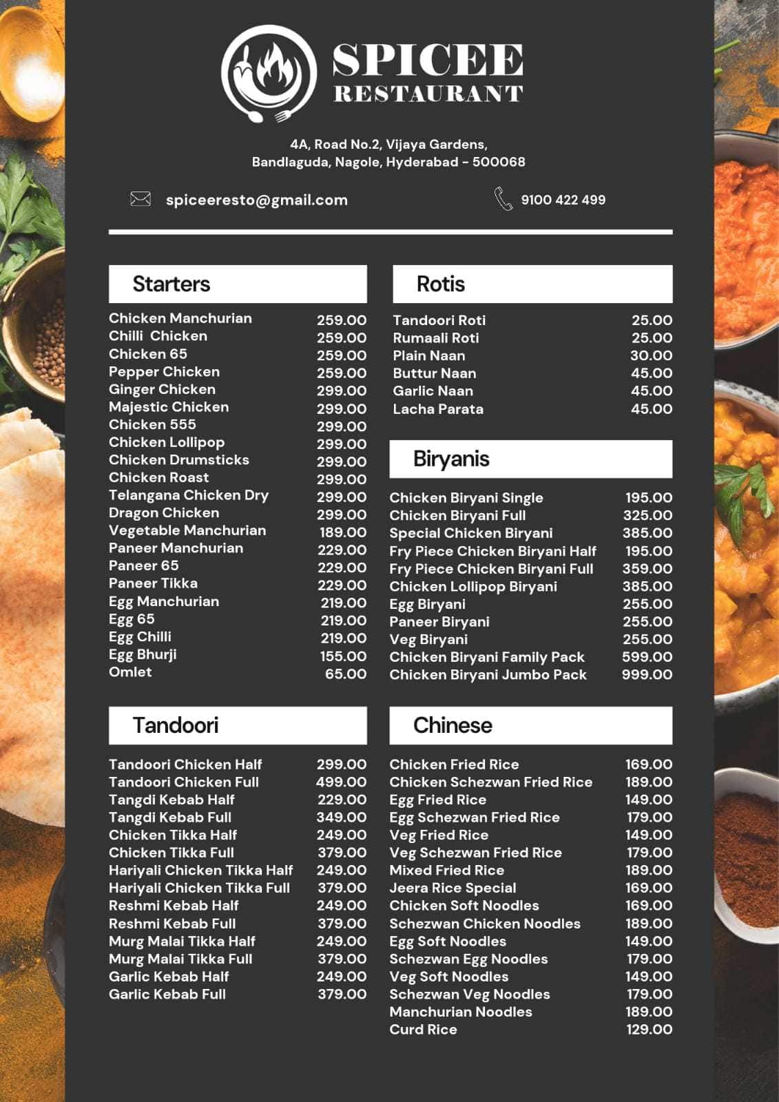 Menu at Spicee Restaurant, Hyderabad
