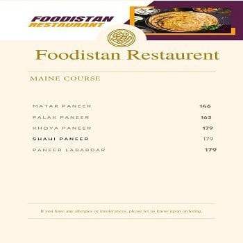 Menu of Foodistan Restaurant, DLF Phase 3, Gurgaon