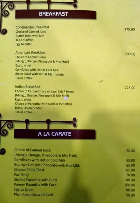 Menu at Hotel Ambassador, Dehradun