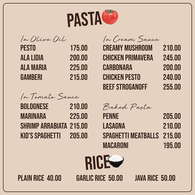 Menu at Cafe Lidia, Marikina, 64 F. Calderon