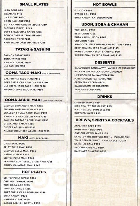 Ooma Menu, Menu for Ooma, Bonifacio Global City, Taguig City - Zomato ...