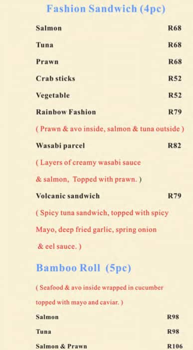Menu at Hayashi Sushi restaurant, Stellenbosch