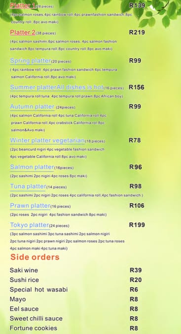 Menu at Hayashi Sushi restaurant, Stellenbosch