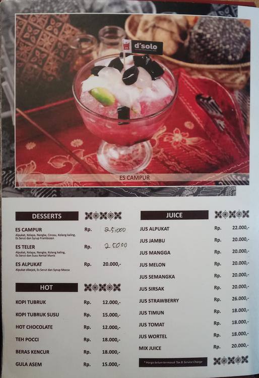 Menu at D'Solo Resto - Melawai restaurant, South Jakarta, Jl. Melawai ...