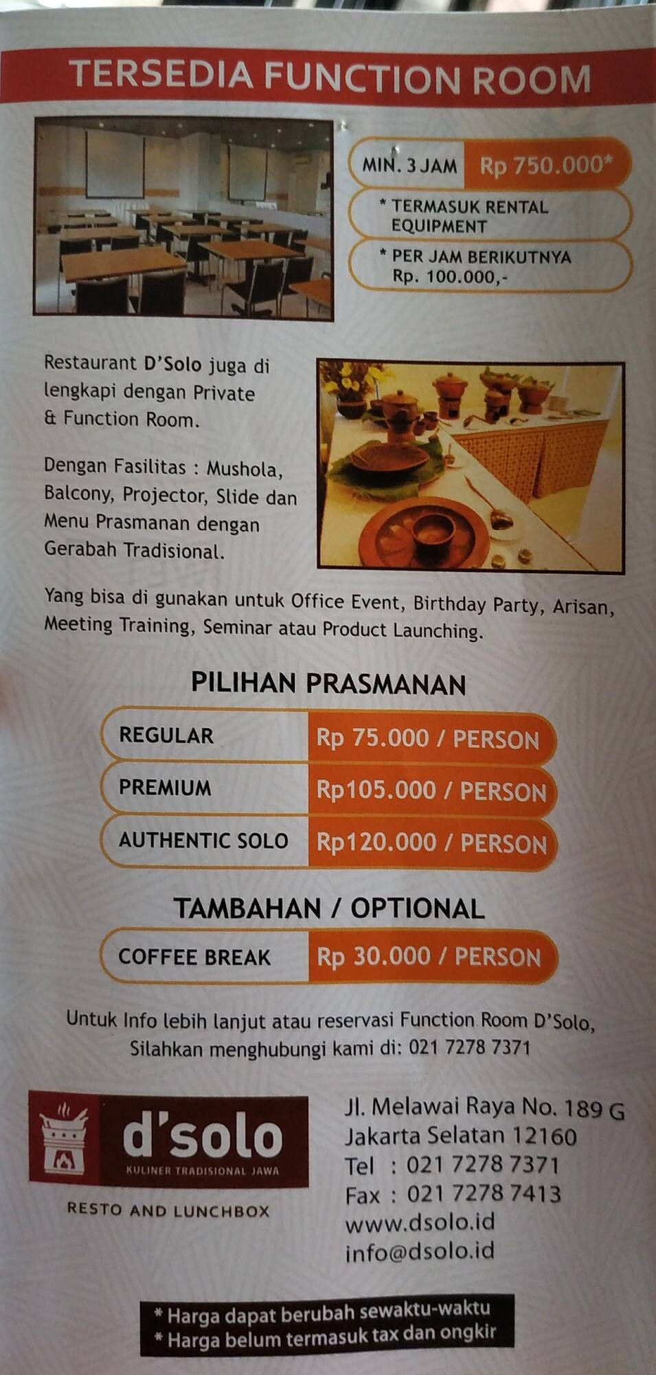Menu at D'Solo Resto - Melawai restaurant, South Jakarta, Jl. Melawai ...