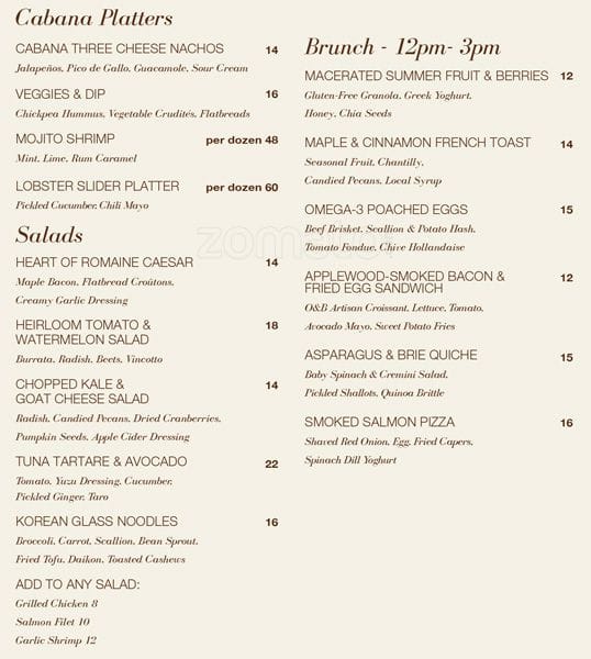 Menu au Cabana Pool Bar, Toronto