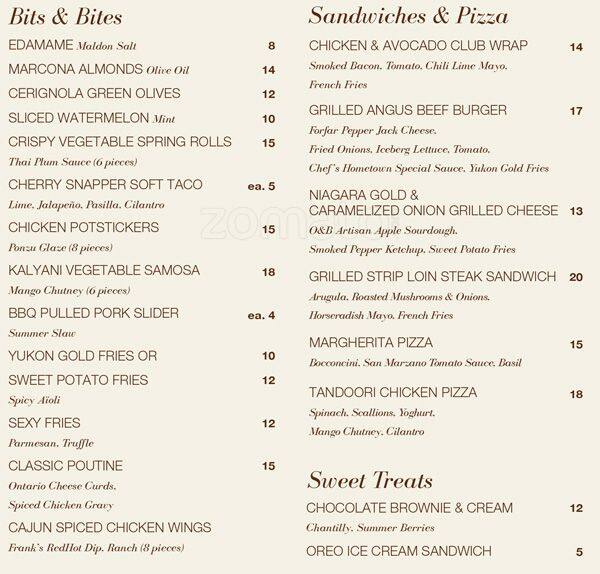 Menu au Cabana Pool Bar, Toronto