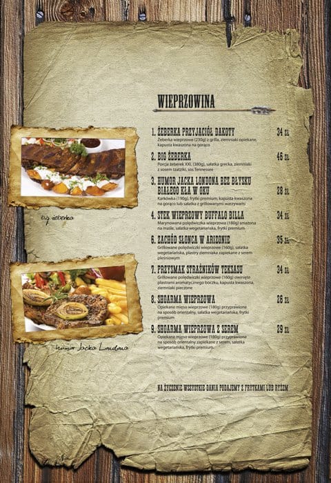 Menu at Sioux steakhouse, Kraków