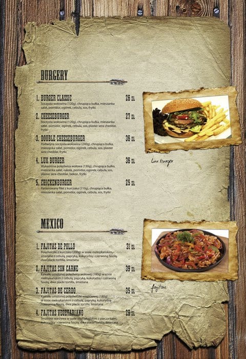 Menu at Sioux steakhouse, Kraków