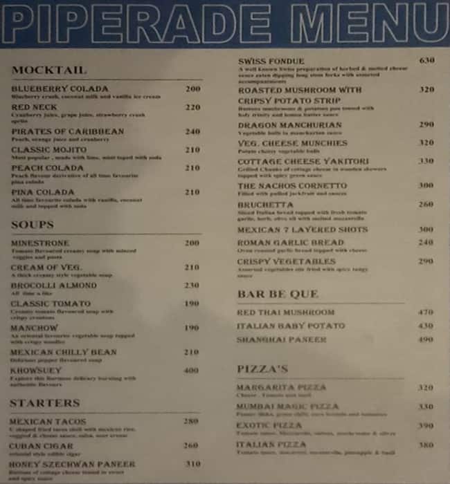 Menu of Piperade - The Waterside, Adalaj, Ahmedabad