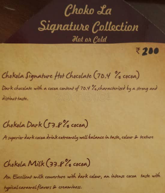Menu at Choko La, Chandigarh