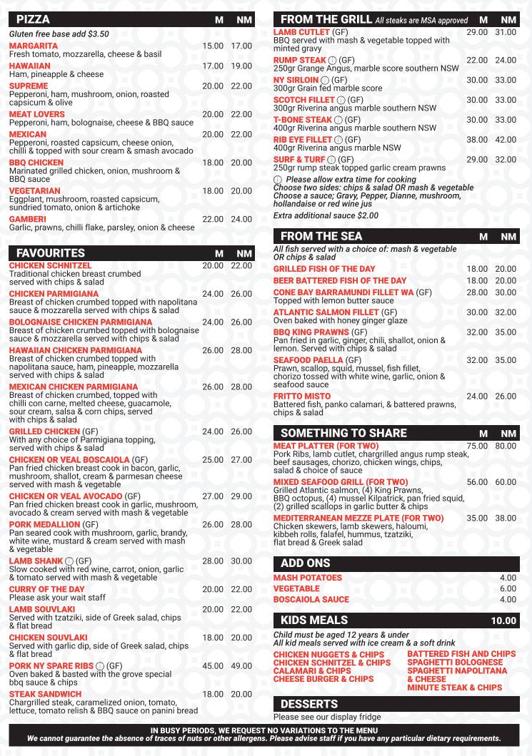 Menu at South Hurstville RSL Club, South Hurstville