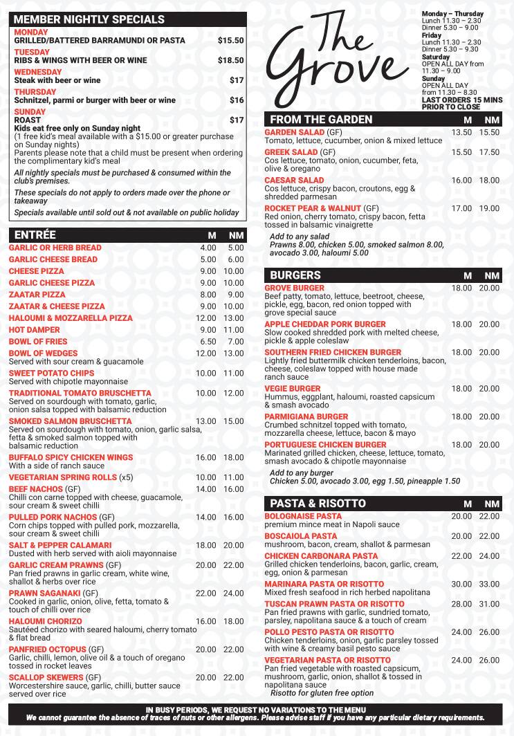 Menu at South Hurstville RSL Club, South Hurstville