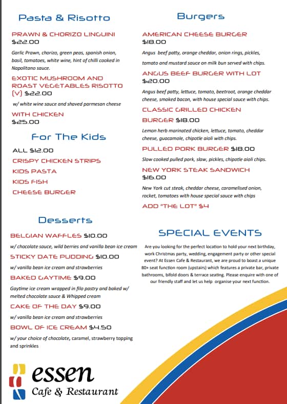 Menu at Essen Cafe & Restaurant, Campbelltown