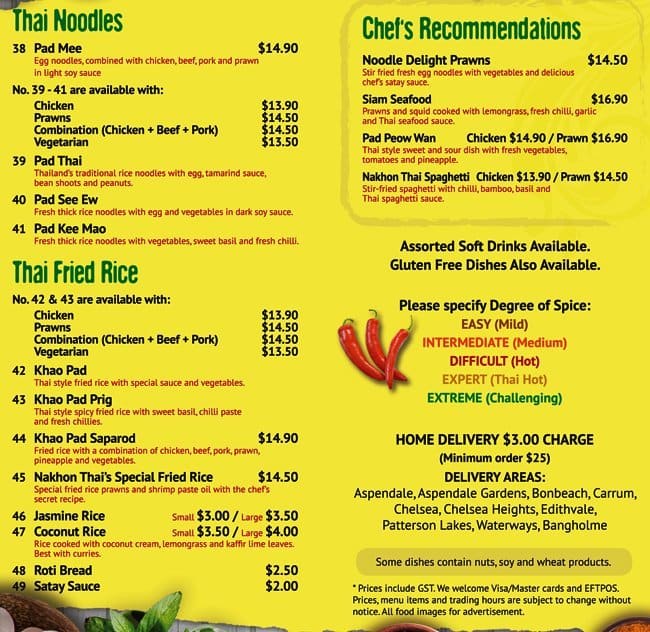 Menu at Nakhon Thai Restaurant, Chelsea Heights