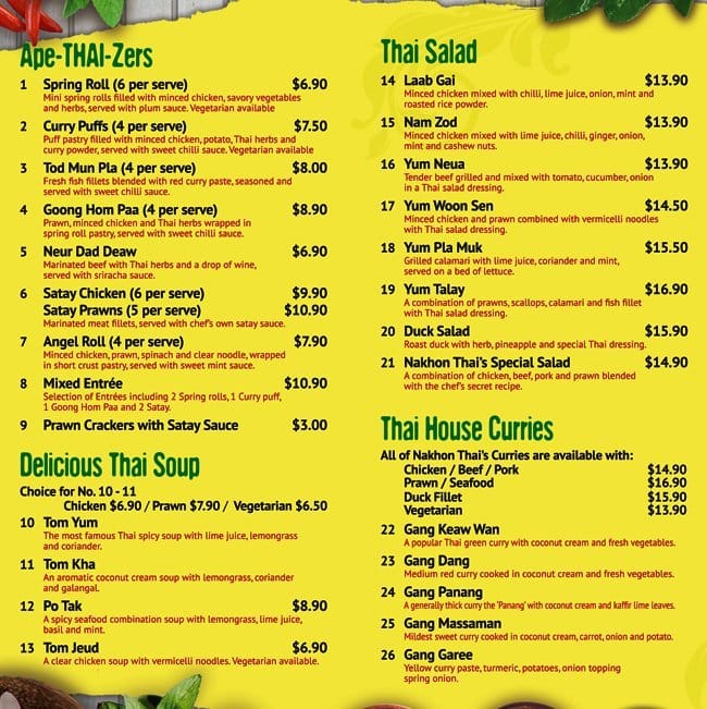 Menu at Nakhon Thai Restaurant, Chelsea Heights