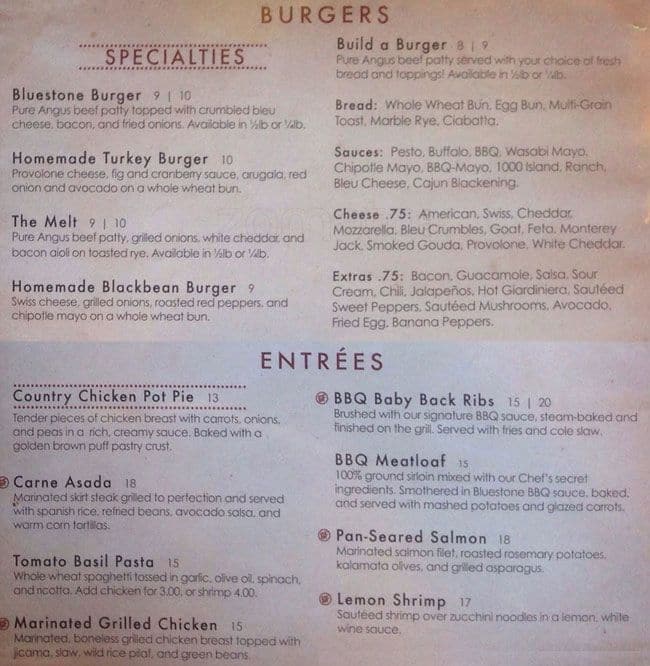 Menu at Bluestone restaurant, Evanston, Central St