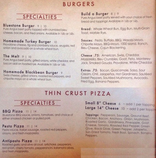 Menu at Bluestone restaurant, Evanston, Central St