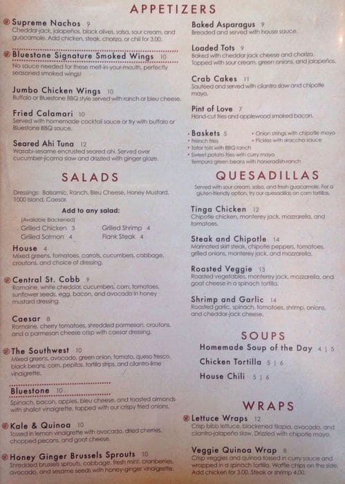 Menu at Bluestone restaurant, Evanston, Central St