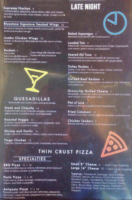 Menu at Bluestone restaurant, Evanston, Central St