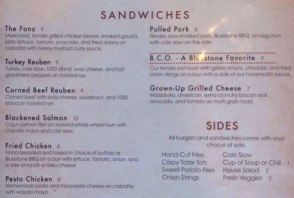 Menu at Bluestone restaurant, Evanston, Central St