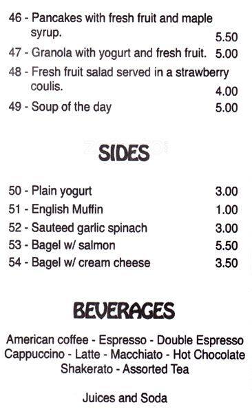 Menu at Fiat Café restaurant, New York City, 203 Mott St