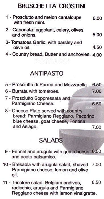 Menu at Fiat Café restaurant, New York City, 203 Mott St