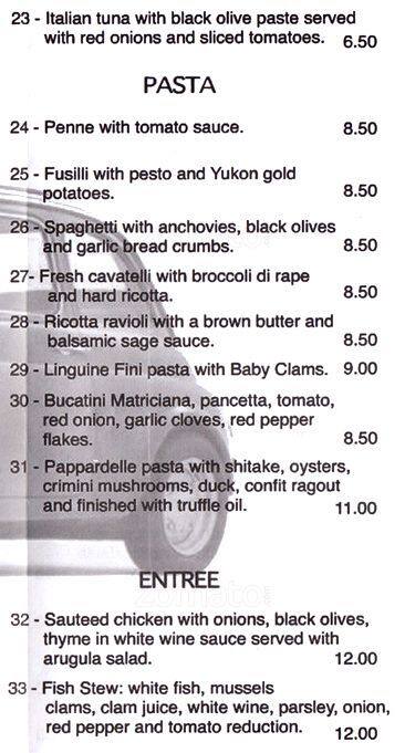 Menu at Fiat Café restaurant, New York City, 203 Mott St
