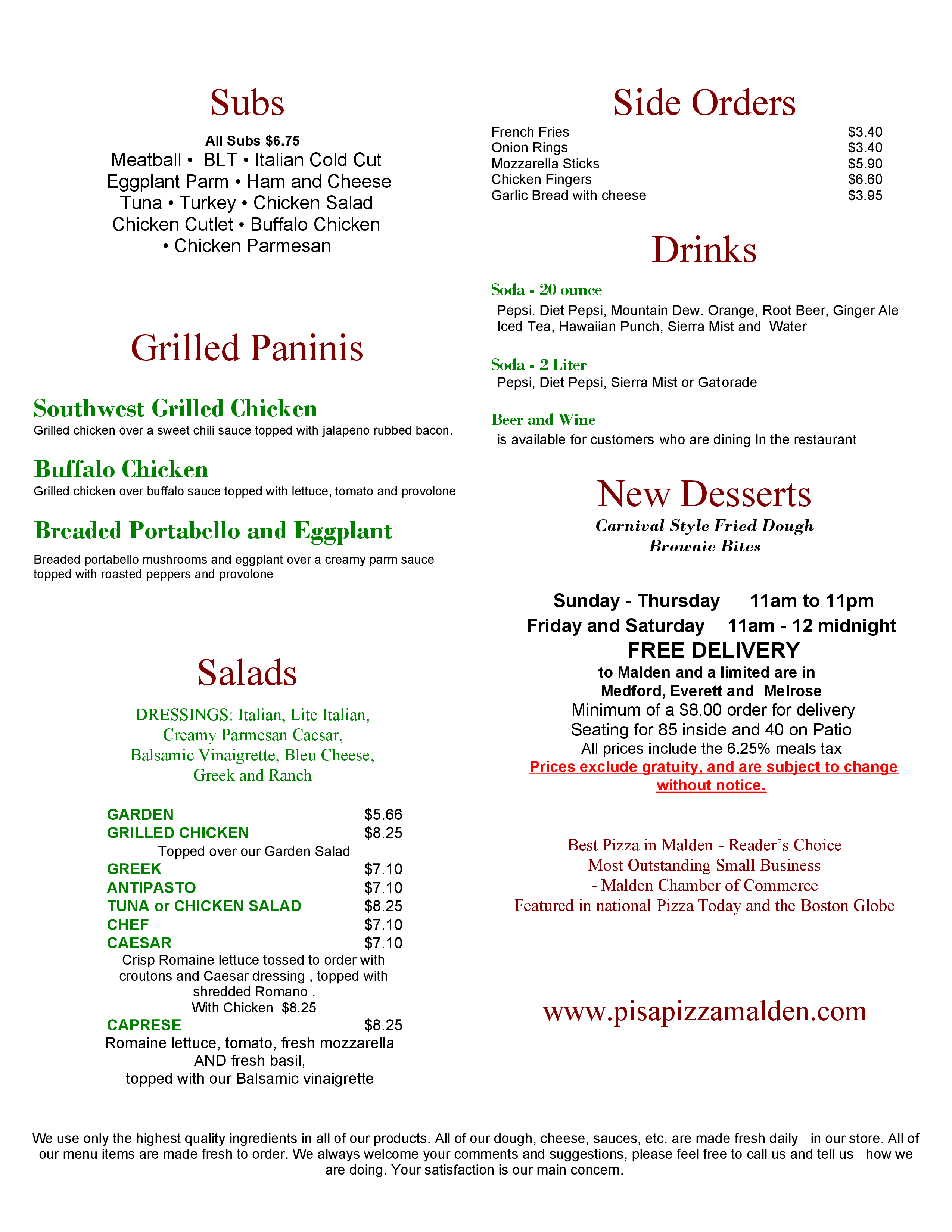 Menu at Pisa Pizza. pizzeria, Malden