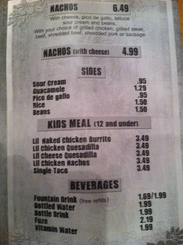 Menu at Chava’s Mexican Grill restaurant, Terre Haute