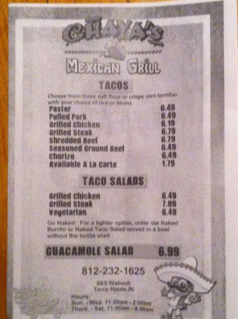 Menu at Chava’s Mexican Grill restaurant, Terre Haute