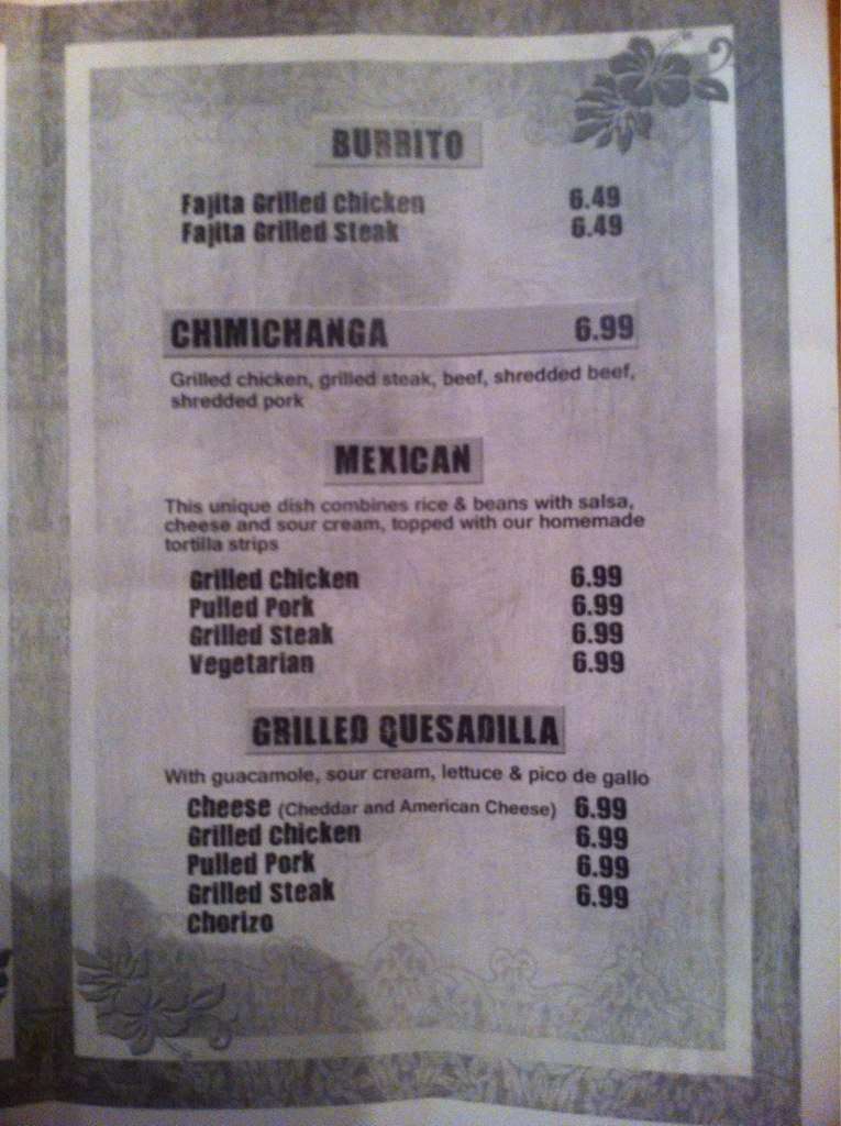 Menu at Chava’s Mexican Grill restaurant, Terre Haute