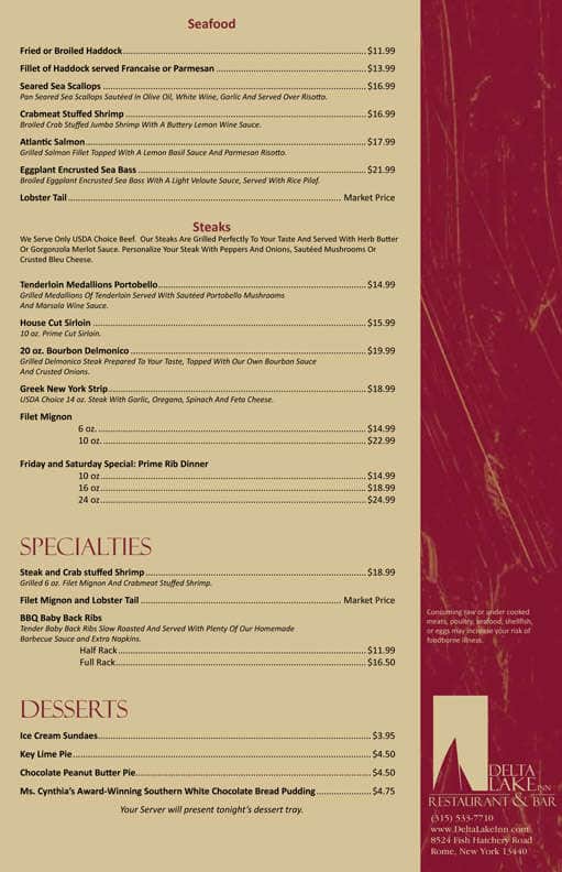 Menu at Delta Lake Inn restaurant, Rome