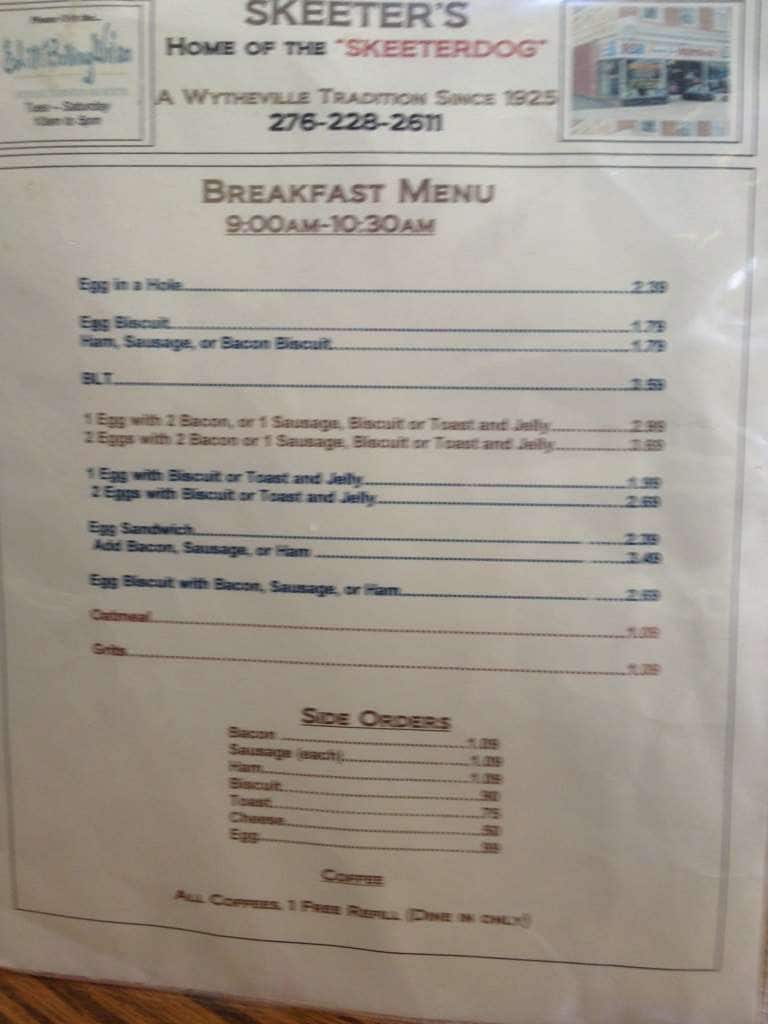 Menu at Skeeter's restaurant, Wytheville