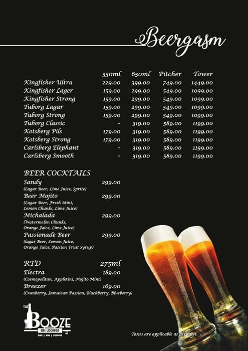 Menu of Booze On Lounge, Malviya Nagar, Jaipur