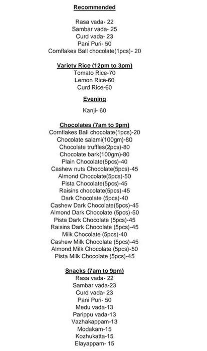 Menu of Snacky Indian, Palayam, Trivandrum
