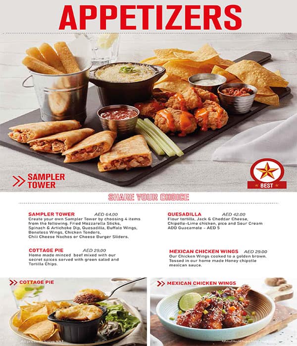 Menu at Applebees restaurant, Dubai, Marrakech St