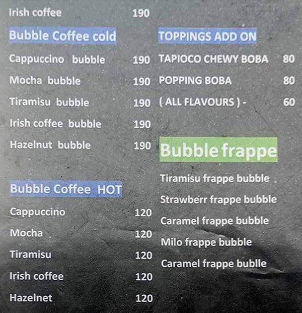 Menu of Zia Bubble Tea, Navallur, Chennai