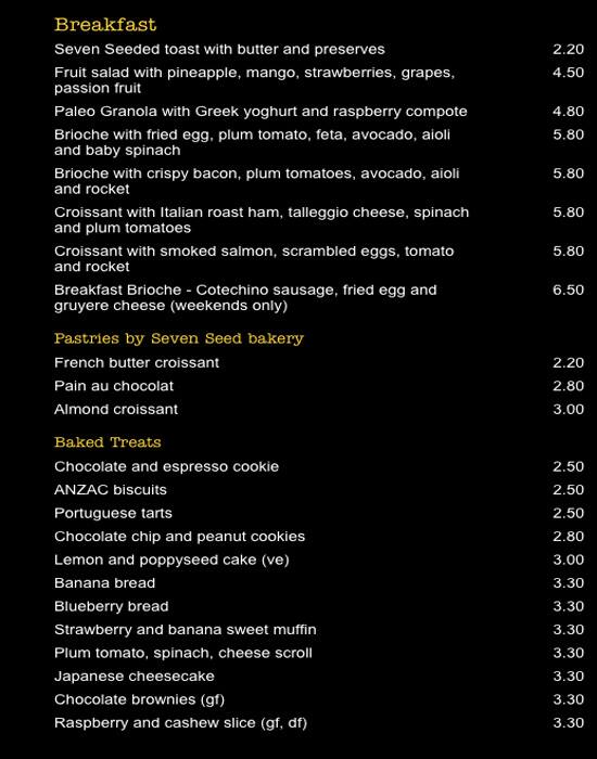 Menu at Kaffeine cafe, London, 66 Great Titchfield St.