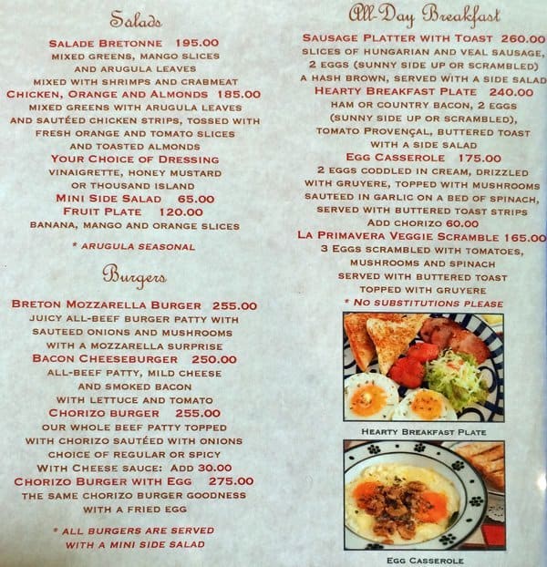 Menu at Cafe Breton, Pasay, J. W. Diokno Boulevard