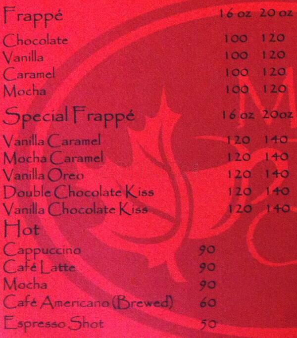 Carta de Maple Table Cafe, Filipinas