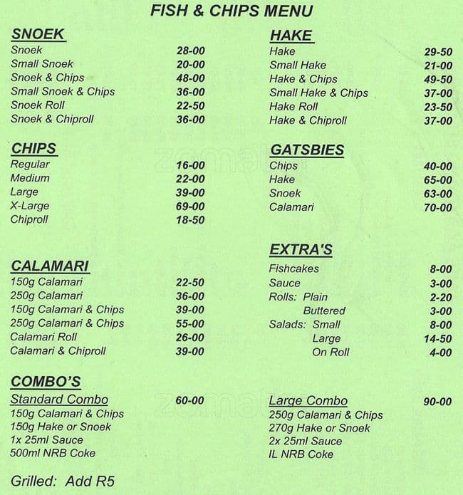 Menu at Cape Town Fisheries restaurant, Cape Town, 101 Plein Street